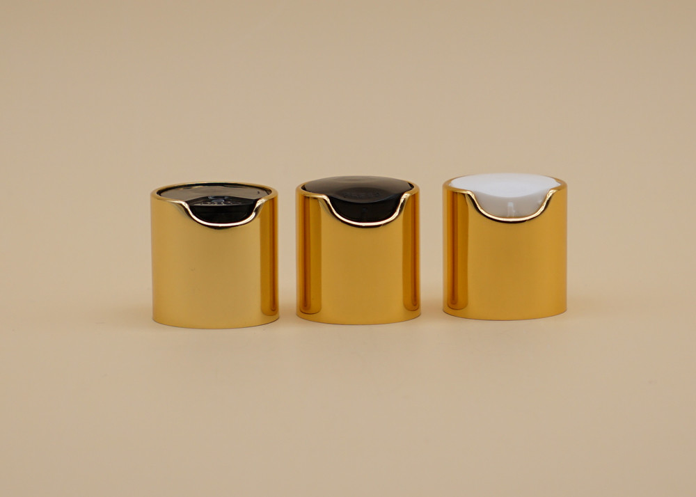 Shiny Gold Disk Top Cap , Bottle Cap Closure 24mm Neck For Body Lotion